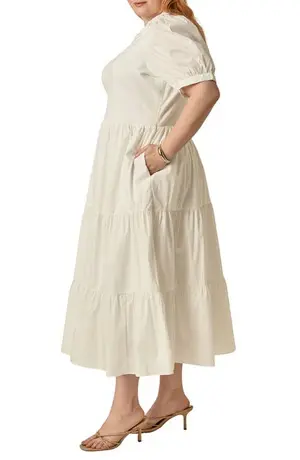 English Factory Mixed Media Midi Dress With Lace Collar And Puff Sleeves