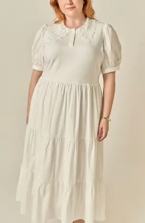 English Factory Mixed Media Midi Dress With Lace Collar And Puff Sleeves