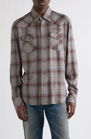 Acne Studios Surrow Embroidered Logo Plaid Flannel Western Shirt - Multi Grey