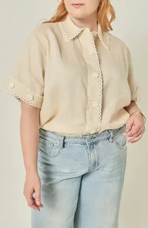 English Factory Floral Detailed Linen Shirt - Light Beige