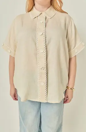 English Factory Floral Appliqué Linen Shirt