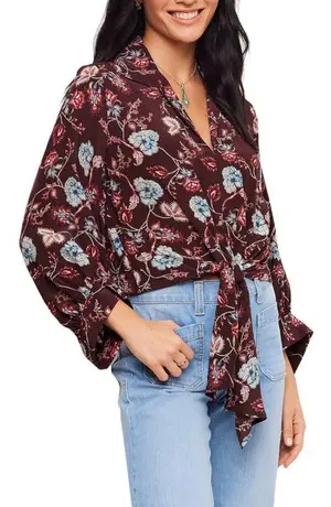 Karen Kane Floral Blouson Sleeved Tie Front Top