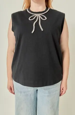 English Factory Rhinestone Bow Sleeveless Top - Black