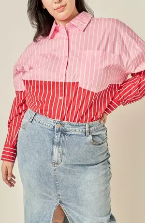 English Factory Colorblock Striped Shirt - Pink/red