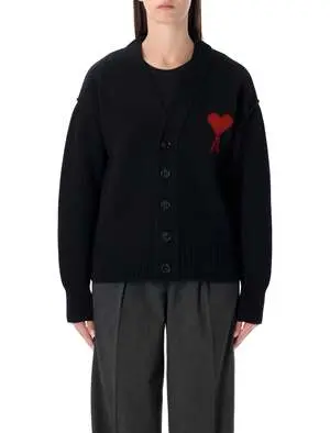 AMI Paris V-neck Wool Cardigan With Of Coeur Intarsia - Nero