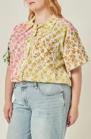 English Factory Floral Colorblocked Linen-rich Shirt