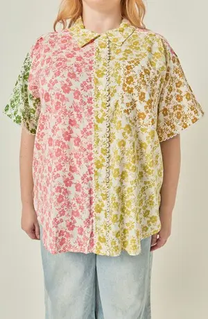 English Factory Floral Colorblocked Linen-rich Shirt