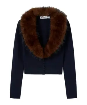 SELF-PORTRAIT Faux Fur Knit Cardigan - Navy