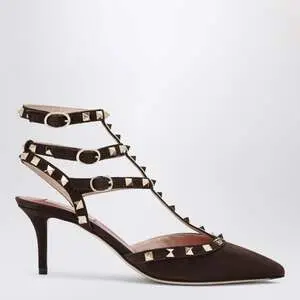 Valentino Garavani Valentino Garavani Suede Rockstud Pumps With Buckle Ankle Straps Brown