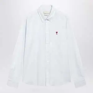 AMI Paris Cotton Striped Shirt With De Coeur Embroidery - Blue