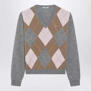 Prada Grey Cashmere Argyle V-neck Sweater - Gray