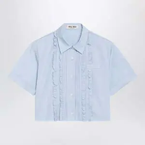 Miu Miu Cropped Poplin Shirt With Ruffles - Blue