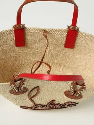 CHRISTIAN LOUBOUTIN Woven Raffia Tote Bag With Leather Accents And Studs - Cream