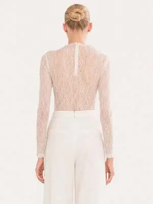 NISSA Lace Bodysuit With Floral Embellishment