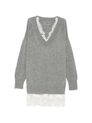 ERMANO SCERVINO Ermanno Scervino V-neck Cashmere Dress With Lace Trim - Multicolor