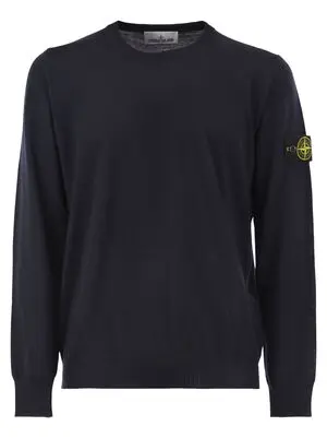 Stone Island Wool Crew Neck Jumper With Embossed Stitching - Blue