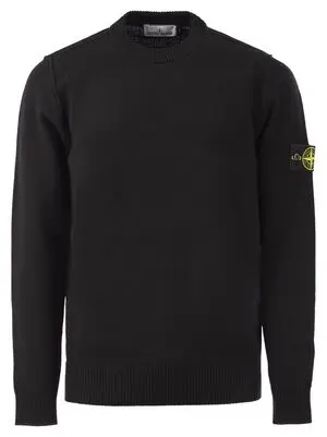 Stone Island Crew Neck Jumper With Reverse Stitch Details - Black