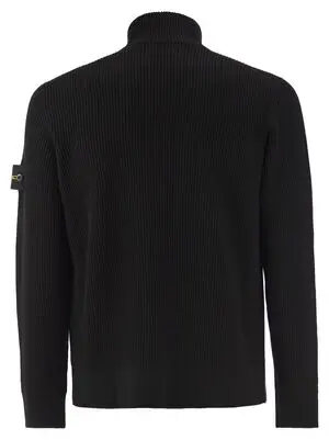 Stone Island Virgin Wool Ribbed High Neck Zip-up Cardigan