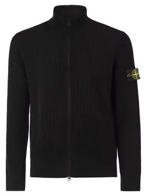 Stone Island Virgin Wool Ribbed High Neck Zip-up Cardigan - Black