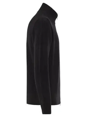 Stone Island Virgin Wool Ribbed High Neck Zip-up Cardigan - Black