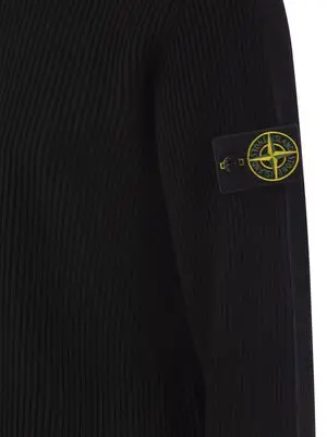 Stone Island Virgin Wool Ribbed High Neck Zip-up Cardigan - Black