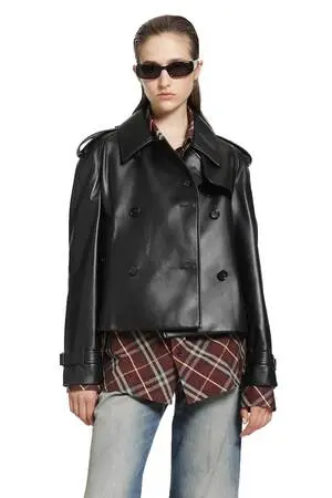 Burberry Cropped Leather Mayfair Trench Jacket - Black