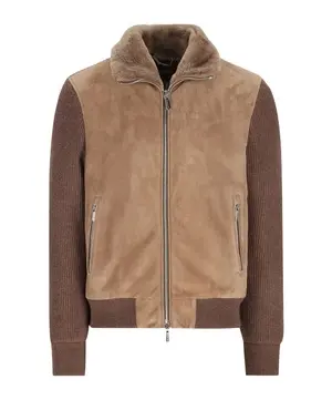 MOORER Shearling Collar Zip-up Jacket - Brown