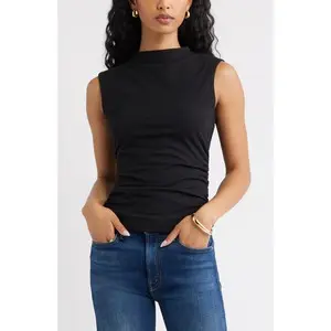 OPEN EDIT Open Edit Mock Neck Ruched Tank Top Black