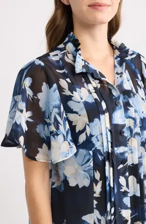 Anne Klein Pleated Floral Stand Collar Top
