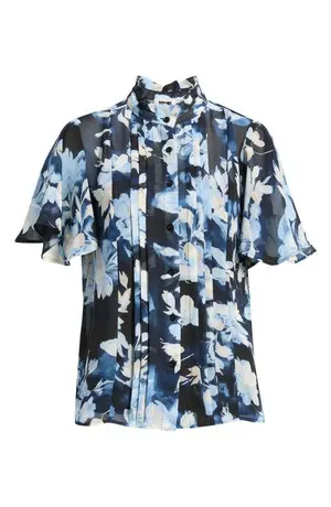 Anne Klein Pleated Floral Stand Collar Top