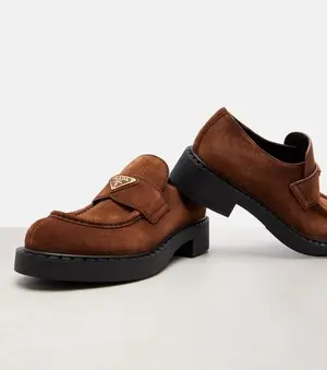 Prada Chocolate Suede Loafers With Gold Tone Hardware - Brown