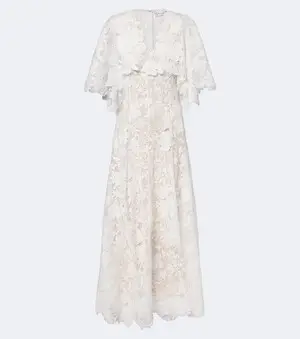 Oscar De La Renta Caped Floral Guipure Lace Gown - White