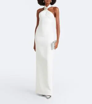 David Koma Embellished Halterneck Gown With Satin Trim - White