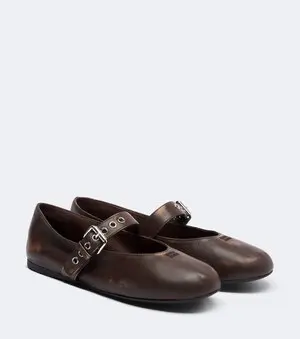Miu Miu Leather Mary Jane Flats - Brown