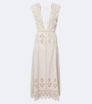Johanna Ortiz Embroidered Crochet Midi Dress - White