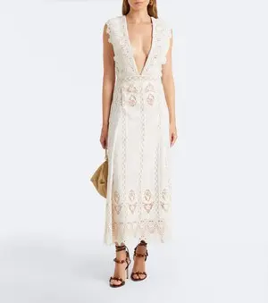 Johanna Ortiz Embroidered Crochet Midi Dress