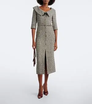 Alessandra Rich Belted Midi Dress In Melange Tweed