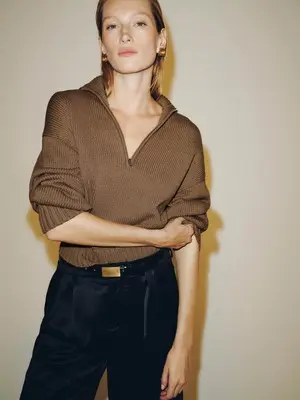 REFORMATION Barney Cotton Quarter-zip Sweater - Brown