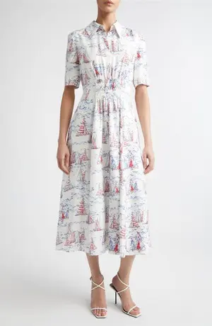 EMILIA WICKSTEAD Nautical Print Silk Midi Shirtdress - Boat Print