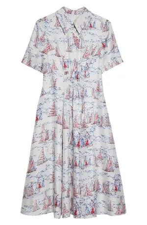 EMILIA WICKSTEAD Nautical Print Silk Midi Shirtdress - Boat Print