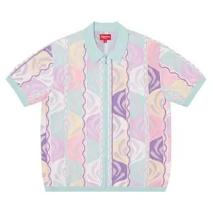 Supreme Abstract Textured Zip Up Polo 'pale - Blue