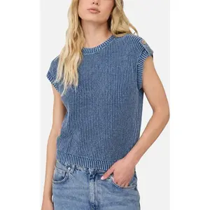 J.O.A. Acid Wash Ribbed Sweater With Button Embellishments - Indigo