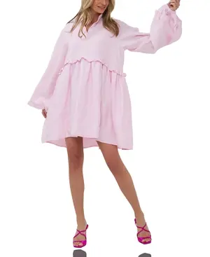 MARIELLE STOKKELAAR Blanche Linen Dress With Ruffled Sleeves - Pink
