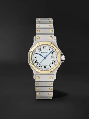STEPHANIE WINDSOR Cartier 1980s Santos Octagon Automatic 29mm 18k Gold And Stainless Steel Watch - White
