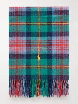 Polo Ralph Lauren Logo-embroidered Fringed Checked Recycled Wool-blend Scarf - Green