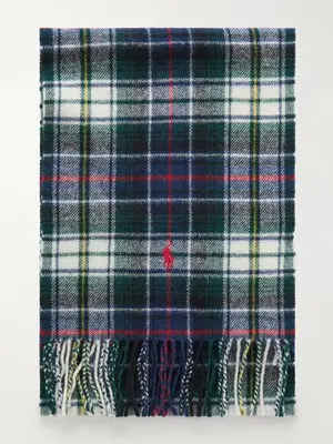 Polo Ralph Lauren Logo-embroidered Fringed Checked Recycled Wool-blend Scarf