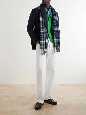 Polo Ralph Lauren Logo-embroidered Fringed Checked Recycled Wool-blend Scarf