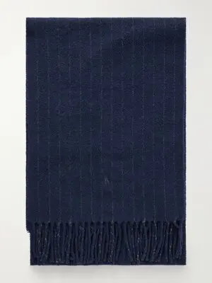 Polo Ralph Lauren Logo-embroidered Fringed Cashmere And Wool-blend Scarf - Blue