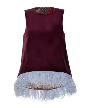 La DoubleJ La Scala" Velvet Top With Feather Trim - Brown