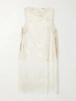 Sea Priscilla Floral-embroidered Fringed Crepe Vest - Neutrals